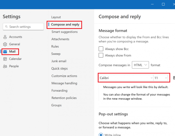 How to set default font and default font size in Microsoft Outlook (new)?